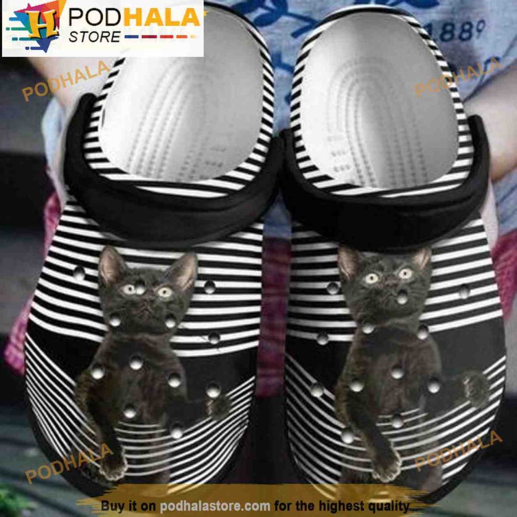 Horizontal Stripes Kitty Black Cat 3D Crocs, Funny Crocs - Podhalastore
