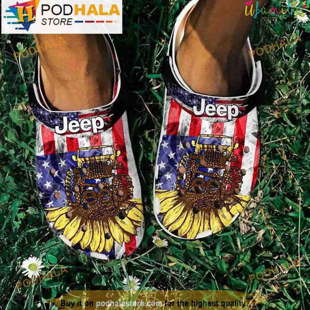 Sunflower Us Flag Jeep Girl 3D Crocs, Funny Crocs - Podhalastore