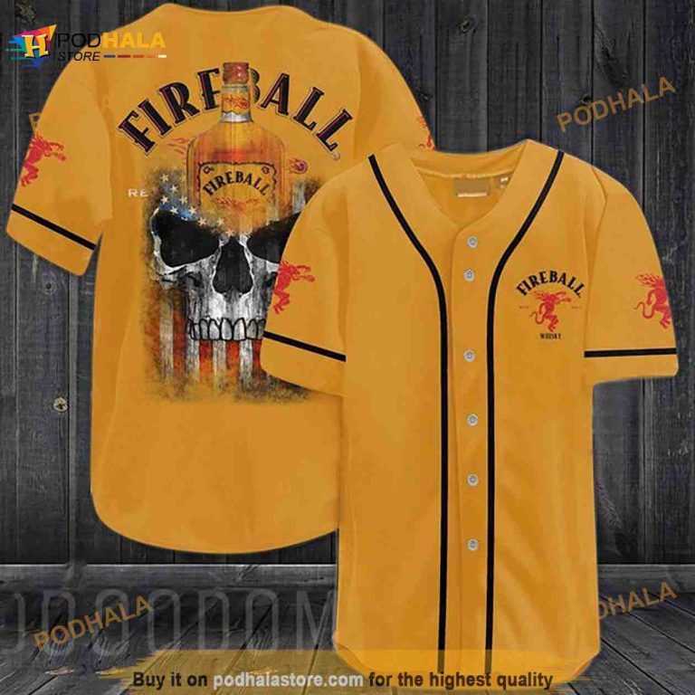 Us Flag Black Skull Fireball Cinnamon Whisky 3D Baseball Jersey ...