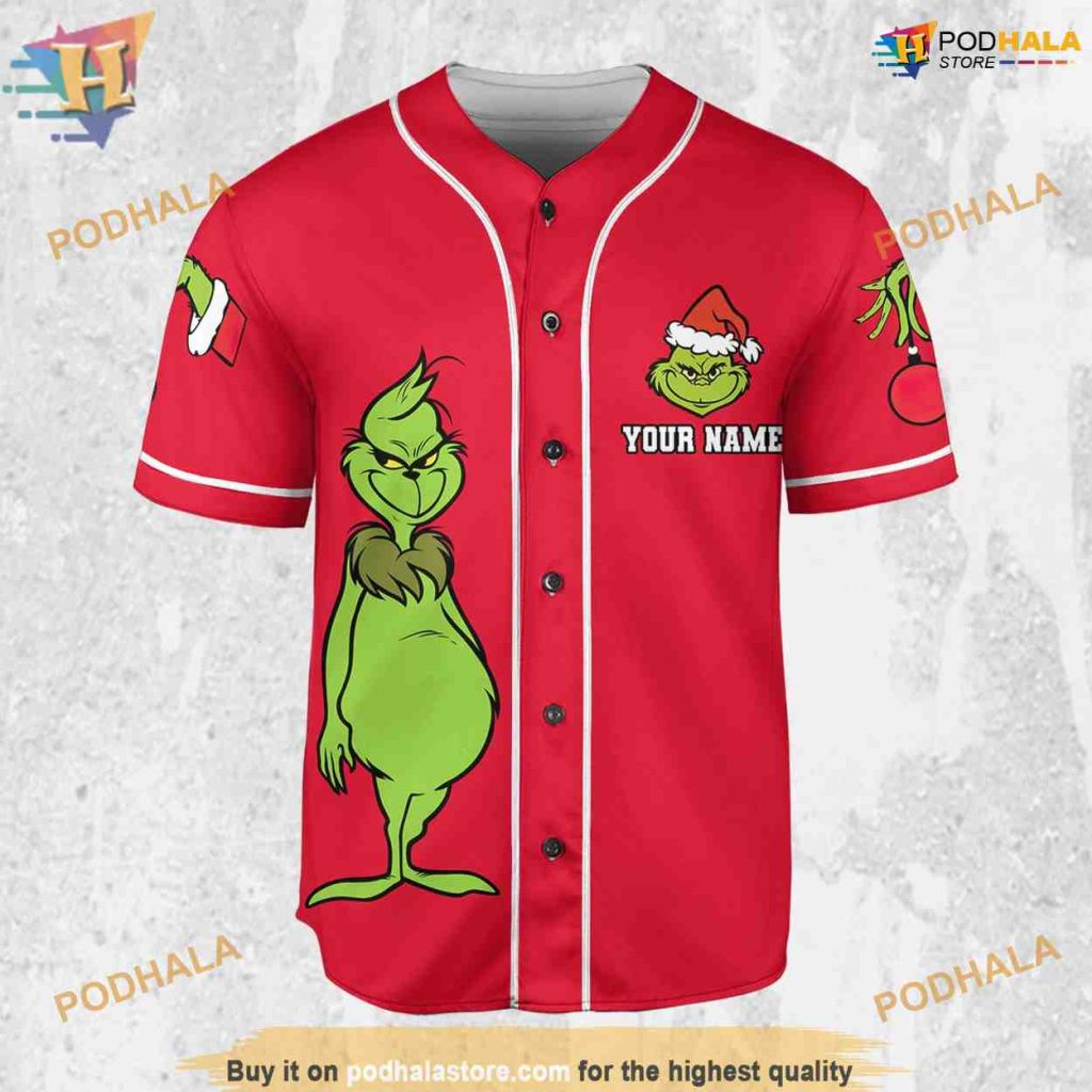 Personalize The Grinch Red And White Xmas Baseball Jersey, Merry ...