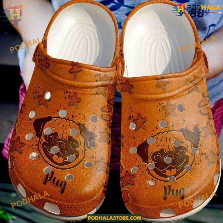 Pug Leather Look Crocs Classic Clogs, Stylish Puppy Crocs - Podhalastore